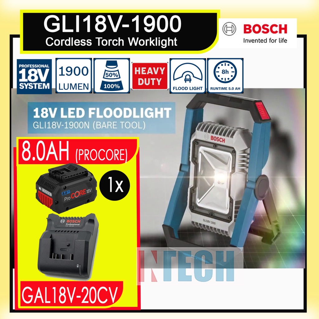 BOSCH GLI18V-1900 / GLI18V1900 18V CORDLESS TORCH WORKLIGHT + 1x 8.0AH ...