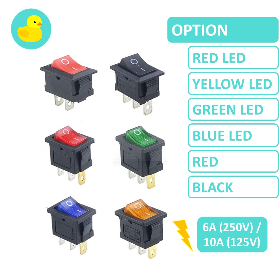 KCD1 Rocker On/Off Switch With Neon Light 250VAC 6A (Rectangle ...
