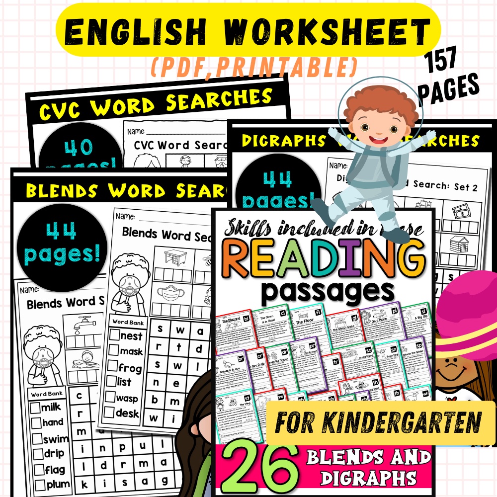Kindergarten English Worksheet -CVC, Blends,Digraphs & Reading Passage ...