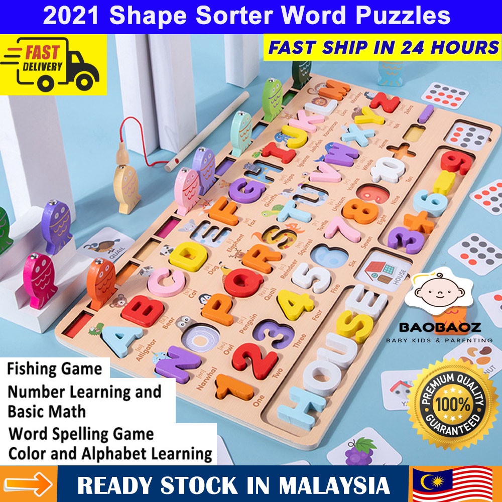 Multifunctional Shape Sorter Counting Fishing Wooden Number Word ...