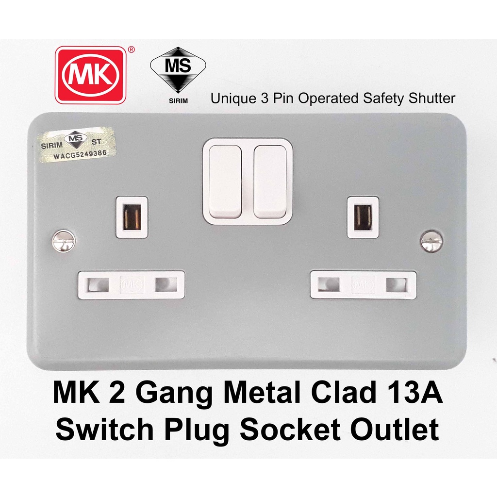 Solid Heavy Duty MK 2 Gang Metal Clad 13A Switch Plug Socket Outlet For ...