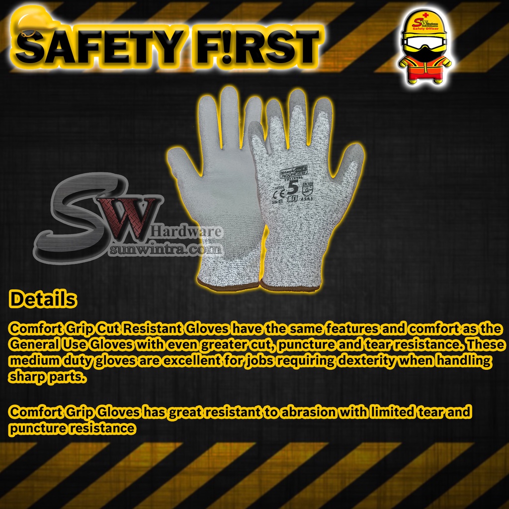 SW Hardware Heavy Duty Cut Resistance CUT 5 PU COATED HPPE GLOVE Safety ...