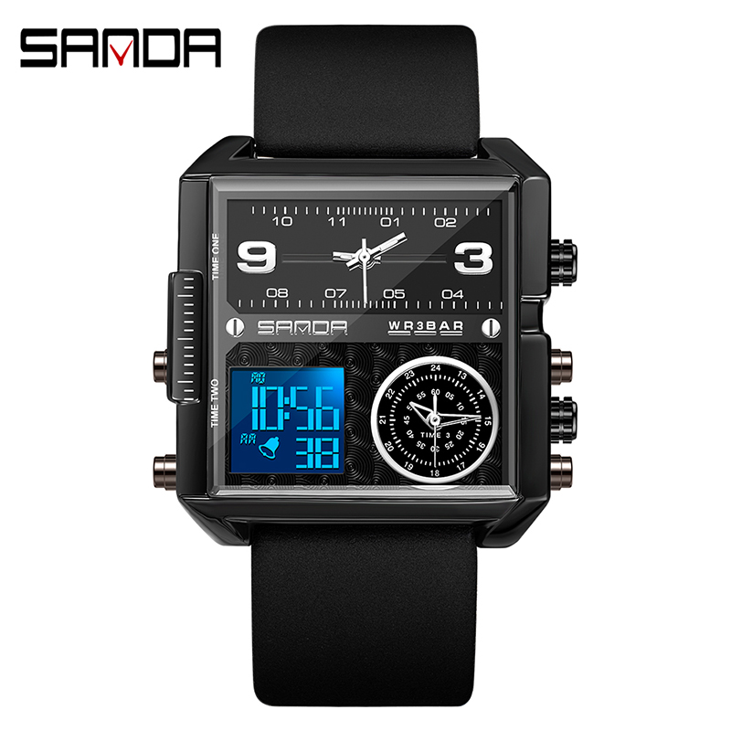 SANDA Dual Display Creative Fashion Mens Watch Quartz Square Leather ...