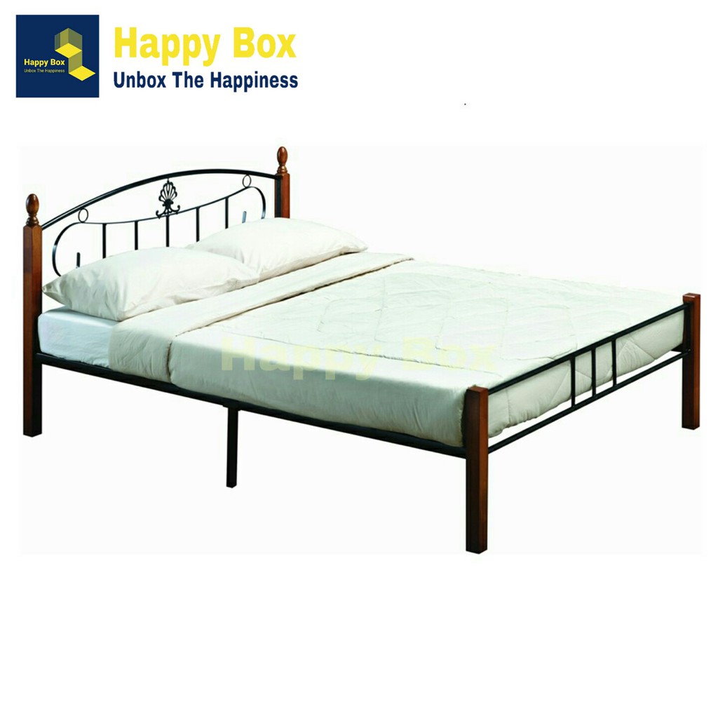 Happy Box Furniture Metal Bed With Solid Wood Post Queen Size Bed ...