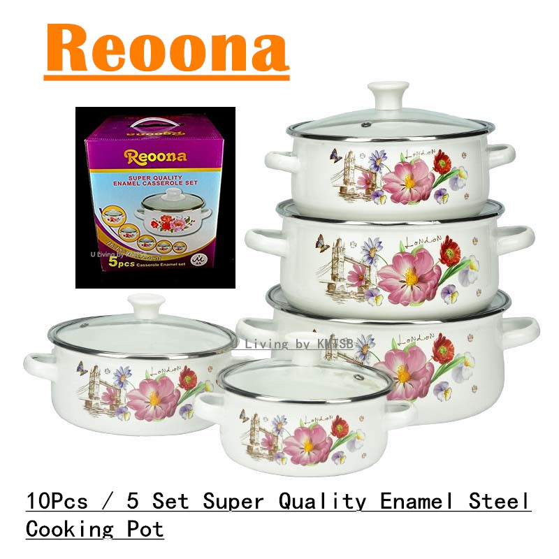 Reoona 10pcs Super Quality Enamel Steel Cooking Pot With Glass Lid ...