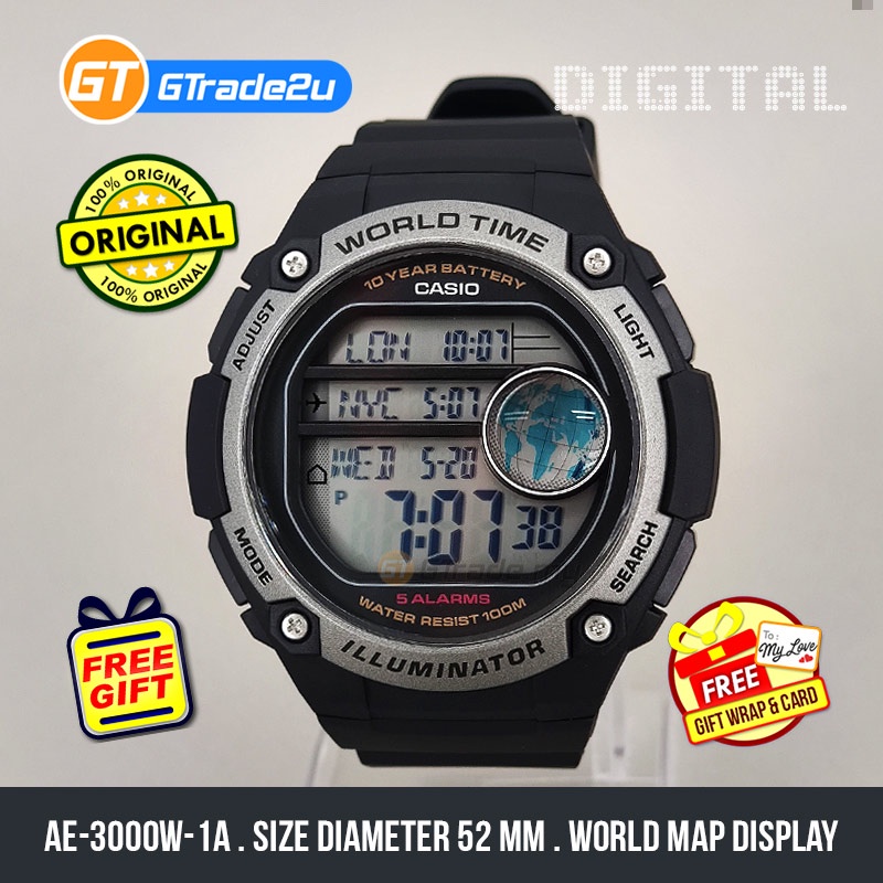 Original Standard Men AE-3000W-1A AE3000W-1A Digital Watch Silver Black ...