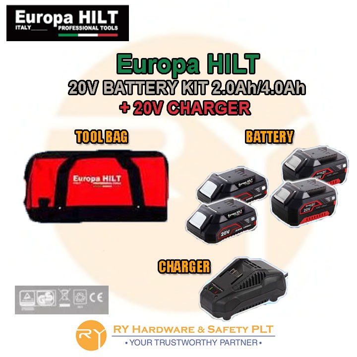 Europa HILT 20V Battery Kit 2.0Ah/4.0Ah 20V Charger Tool Bag Combo Set | Shopee Malaysia