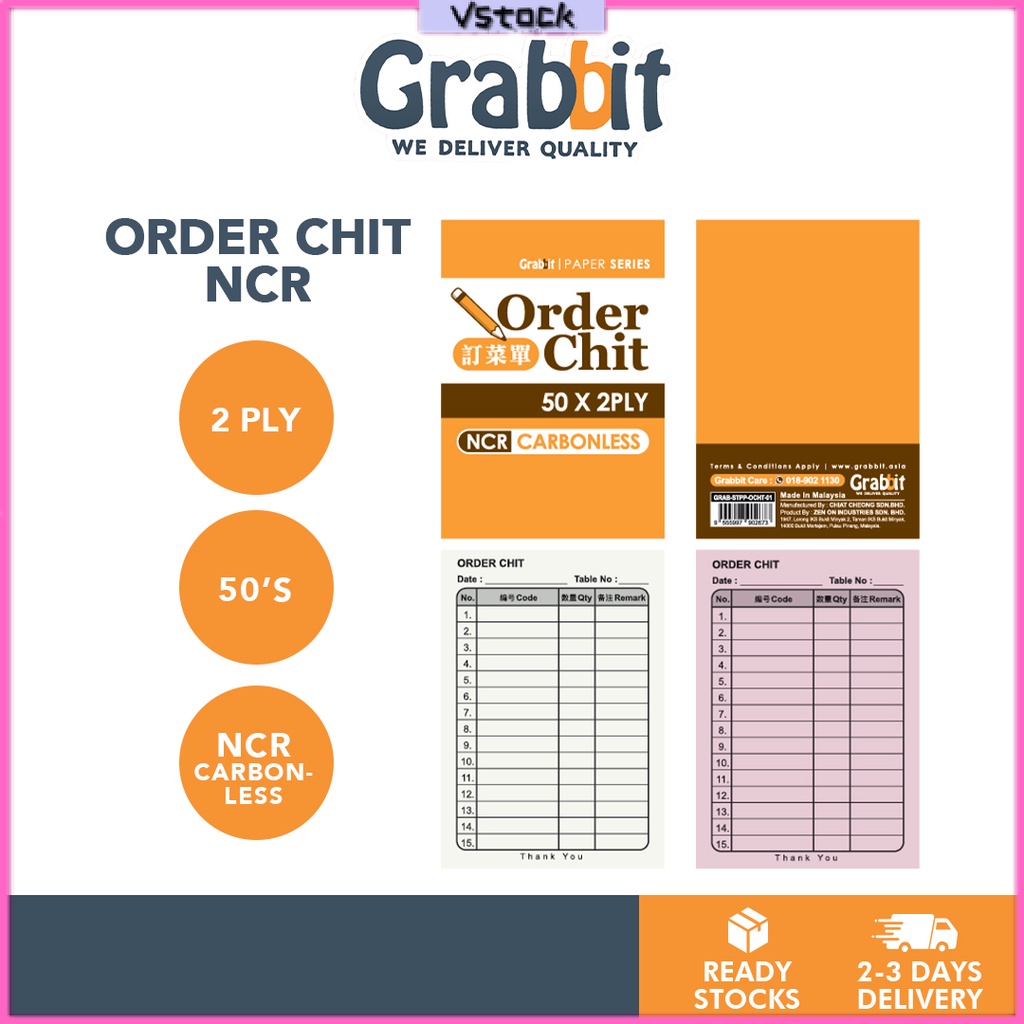 GRABBIT Order Chit 2ply NCR Carbonless 50's for Restaurants GRAB-STPP ...