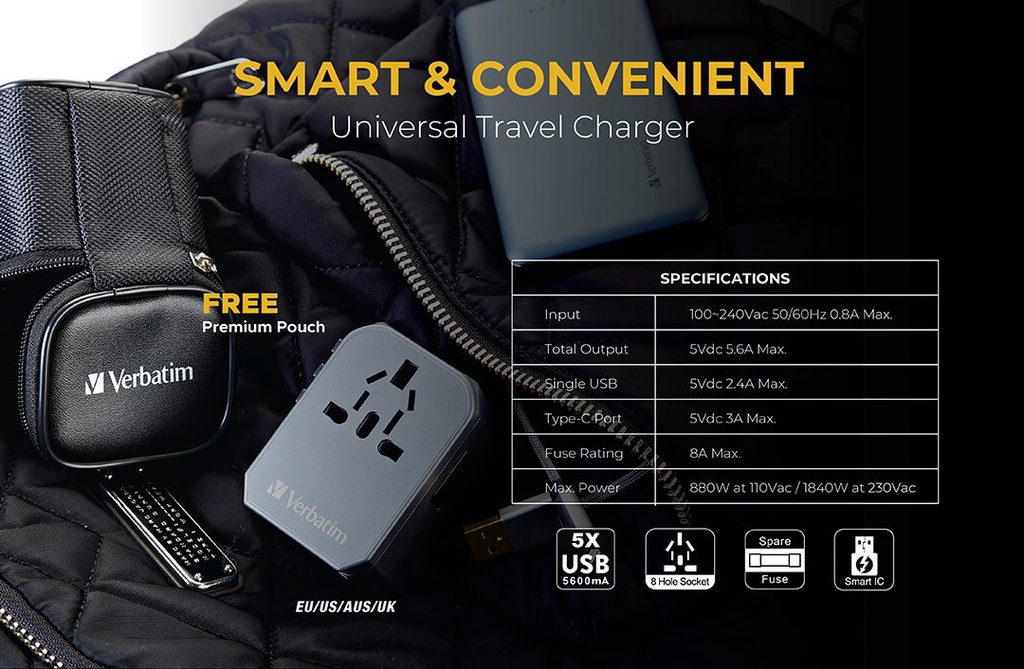 Verbatim 65829 Universal Travel Adaptor, 5 Ports Type-C & 4 USB Safety ...
