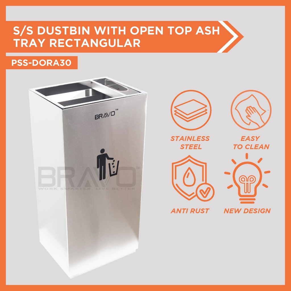 BRAVO Stainless Steel Dustbin With Ashtray Tong Sampah Stainless Steel ...