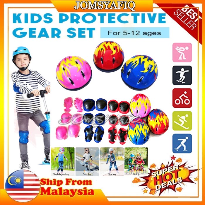 ( READY STOCK ) Kids Protective Gear Set Helmet Knee Elbow Pad Sets ...