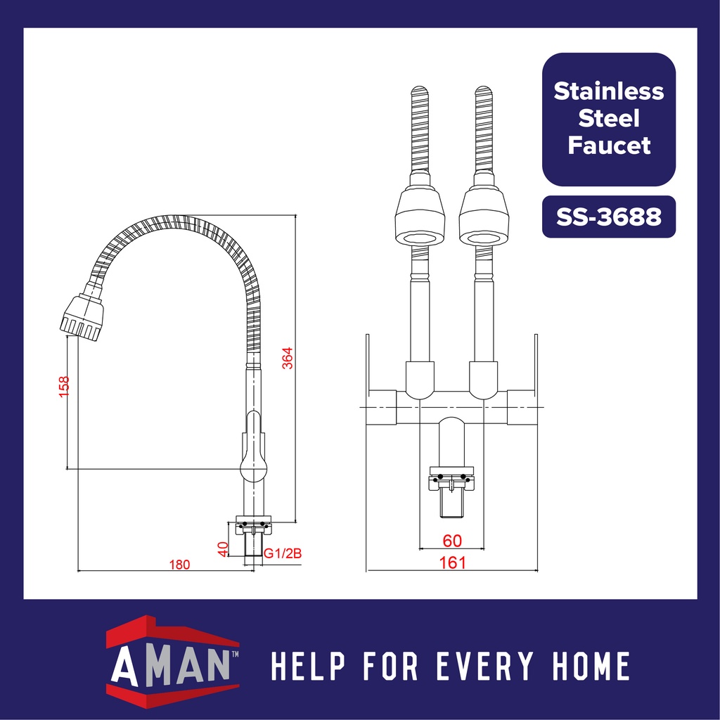 VIP SUS-304 Stainless Steel Flexible Double Pillar Sink Tap Kitchen ...