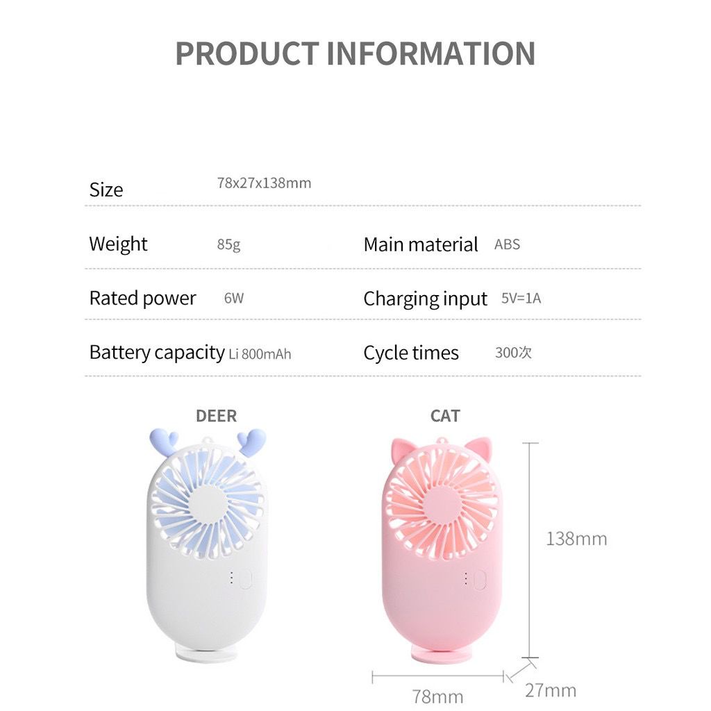 Cute Portable Mini Fan Handheld USB Chargeable Desktop Fans 3 Mode ...