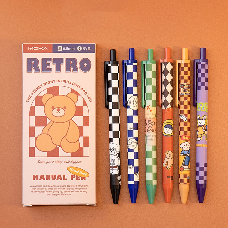 6 Pieces Retro Plaid Press Pen 0.5mm Black Gel Pen Office Stationary ...