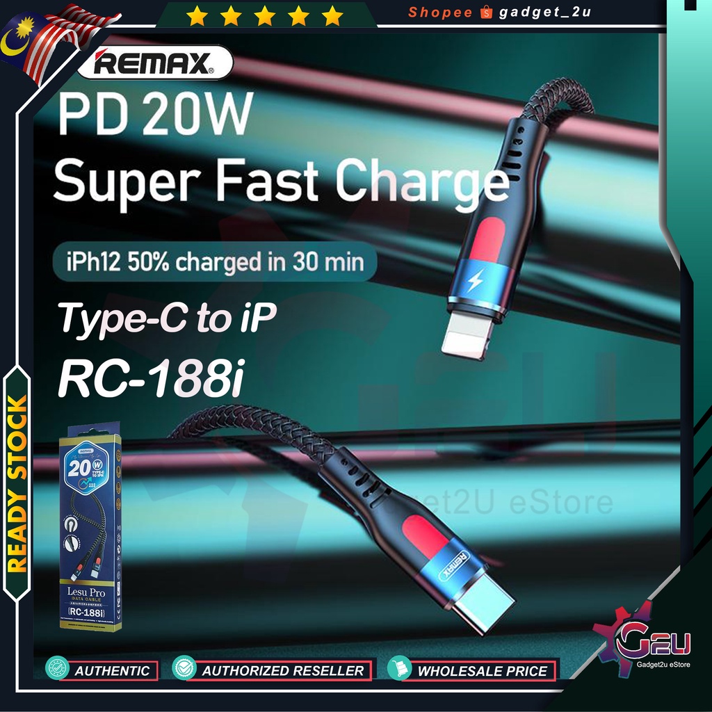 Original Remax RC-188i Type C To iP 20W Super PD Fast Charging Data Cable For iP 12 and iP 11 ...