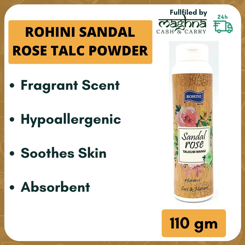 Rohini Sandal Rose Talcum Powder (Bedak Talkum)- 1 Bottle (110 g ...