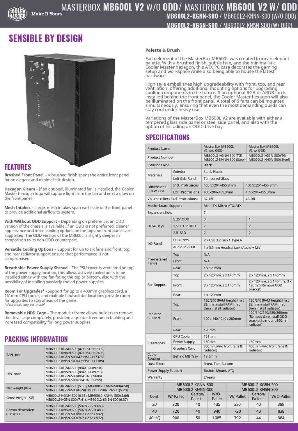 Cooler Master MASTERBOX MB600L V2 Steel Chassis ATX Case (MB600L2-KGNN ...