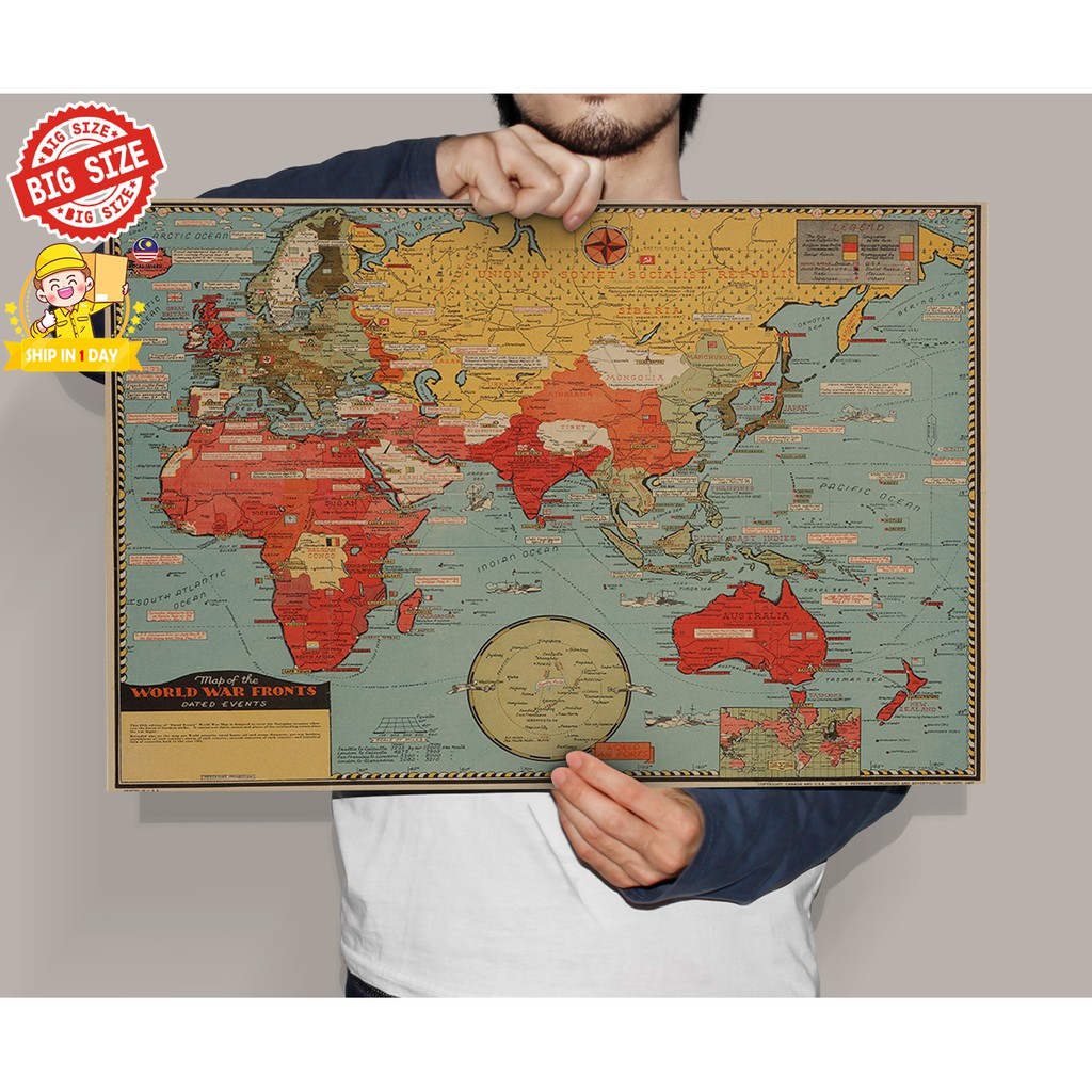 Map of The World War Retro Vintage Poster Kraft Paper Painting Wall Art ...