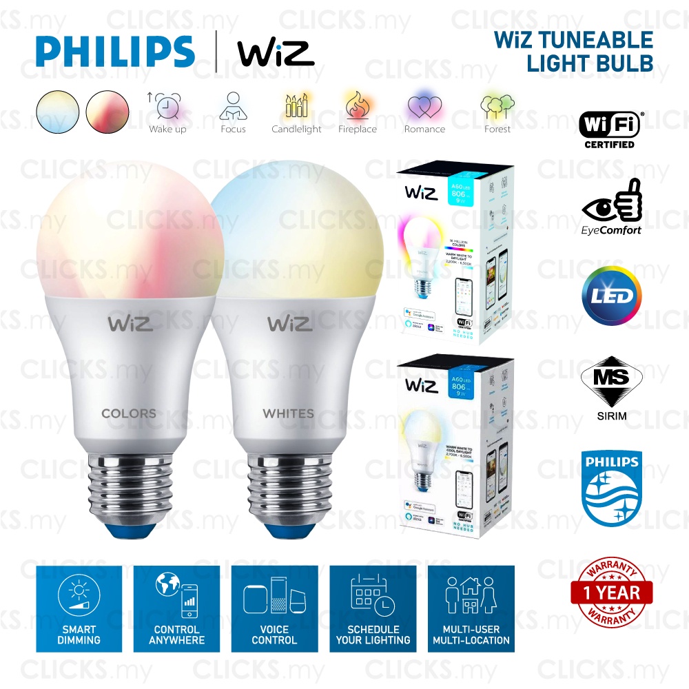 Philips WiZ 9W / 13W LED Tunable White / Color Bulb 2700-6500K E27 Smart Lighting Lampu Mentol ...