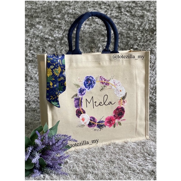 Tote Bag SALE flower design (blue handle) /Shopping bag/bag hadiah/Bag ...