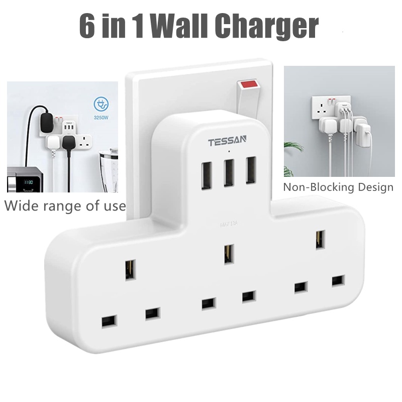 3 Way Extension Plug Adaptor MY with USB, Multi Plug Extension with 3 ...