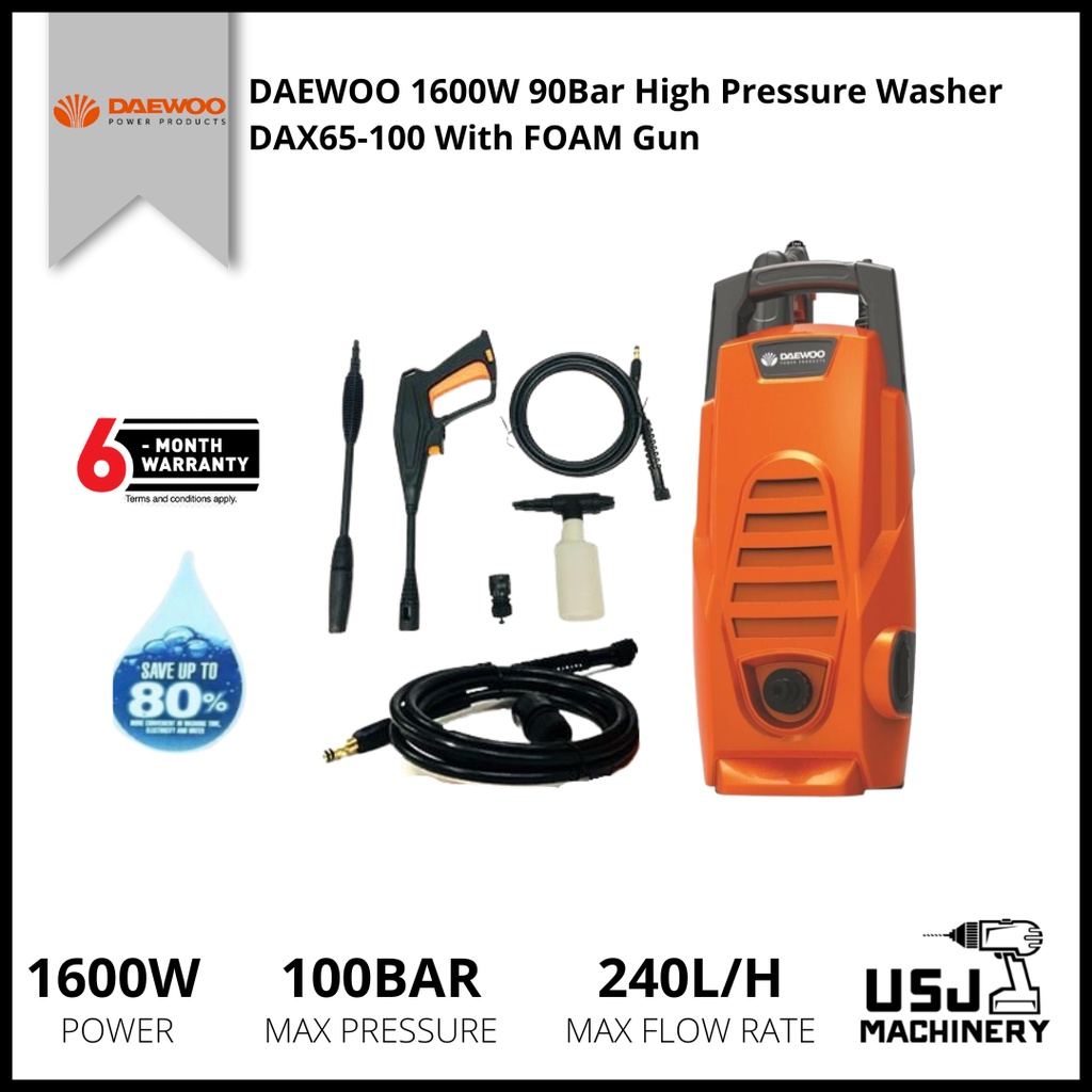 DAEWOO 1600W 90Bar High Pressure Washer DAX65-100 With FOAM Gun ...