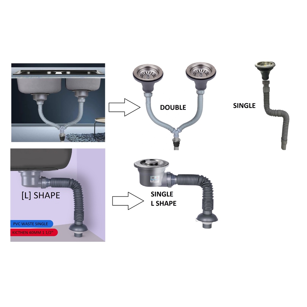 SINGLE DOUBLE Sink Drain Waste Pipe Kit Vertical Type Sink Strainer ...