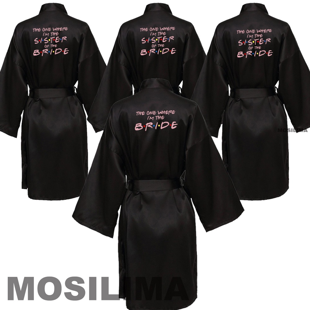 Wedding Party Team Bride Robe With Black Letters Kimono Satin Pajamas ...