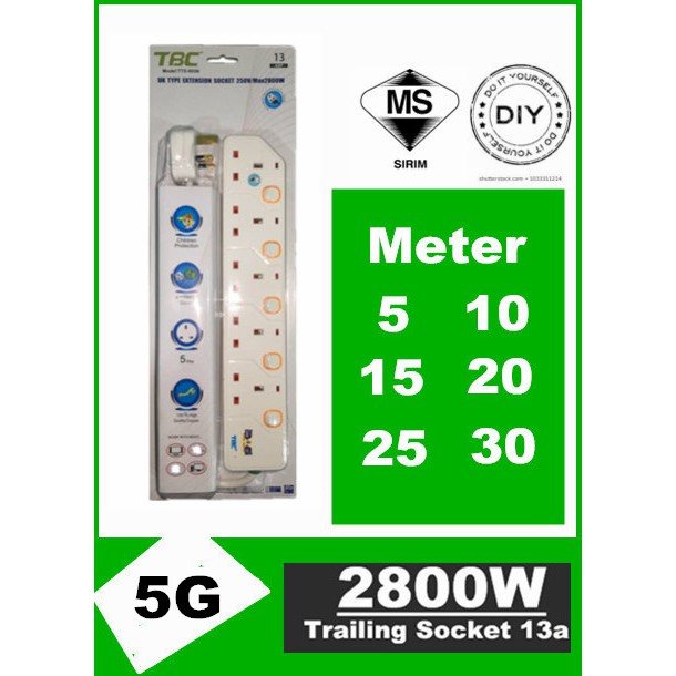 2800W 5G Trailing Socket 13A Extension Socket 5Geng 5-10-15-20-25-30 Meter | Shopee Malaysia