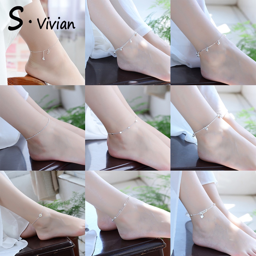 925 silver anklet for women square heart-shaped daisy square moon simple jewelry A2 | Shopee ...