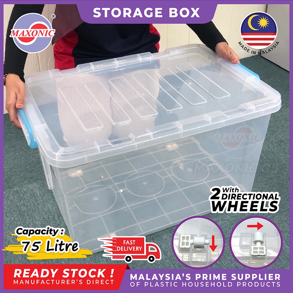 MAXONIC 75L TRANSPARENT MULTIPURPOSE STORAGE BOX WITH 2 DIRECTIONAL WHEELS | KOTAK SIMPANAN ...