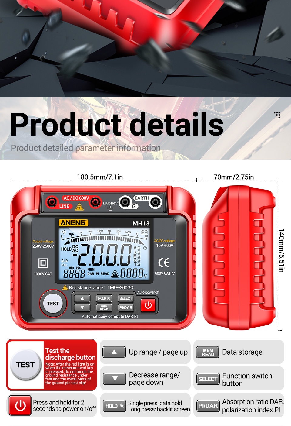 ANENG MH13 Ohm Tester Digital Multimeter Megometro Insulation Earth ...