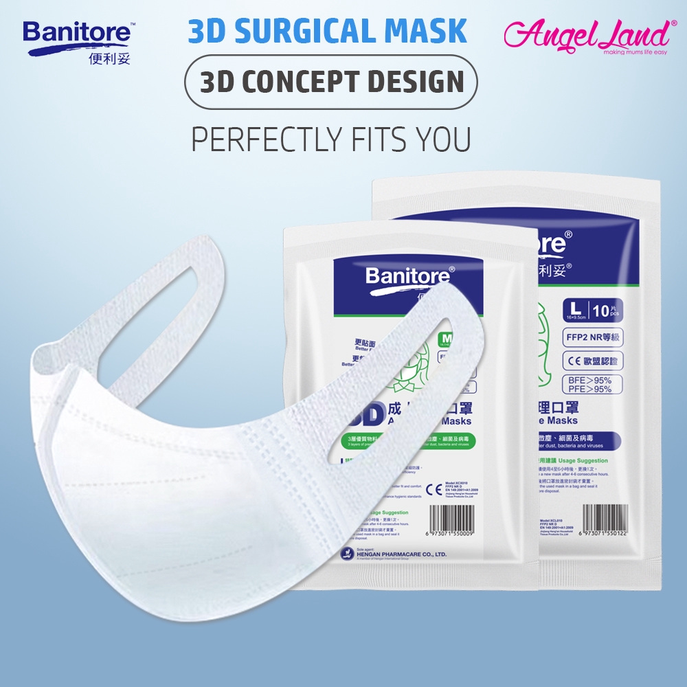 Banitore 3D Adult 3ply Face Mask (Surgical mask) 10 Pcs/pack-M/ L Size ...
