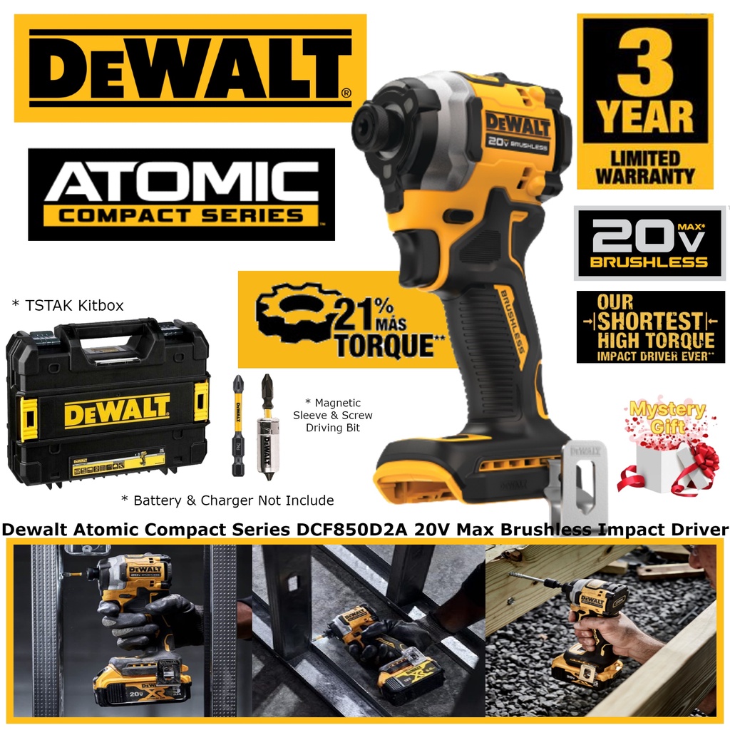 Dewalt Atomic DCF850D2A 6.35mm ( 1/4" ) 20V Brushless Cordless Compact Impact Driver (Bare Tool ...