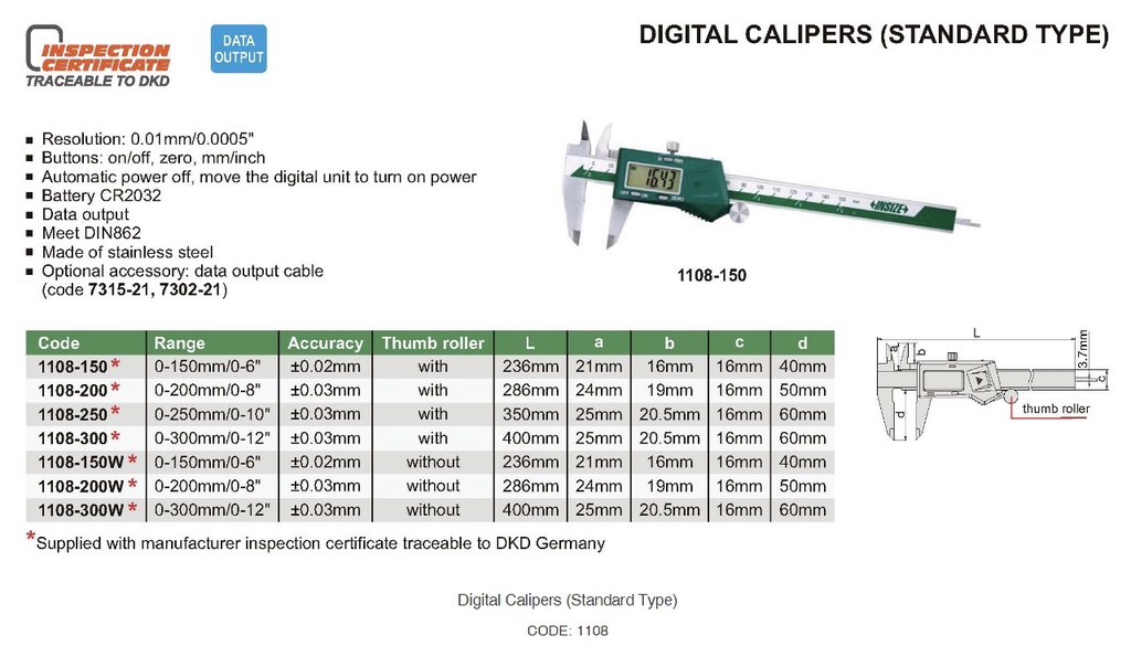 Insize Digital Caliper Electronic Caliper Pembaris Angkup Digital #1108 ...