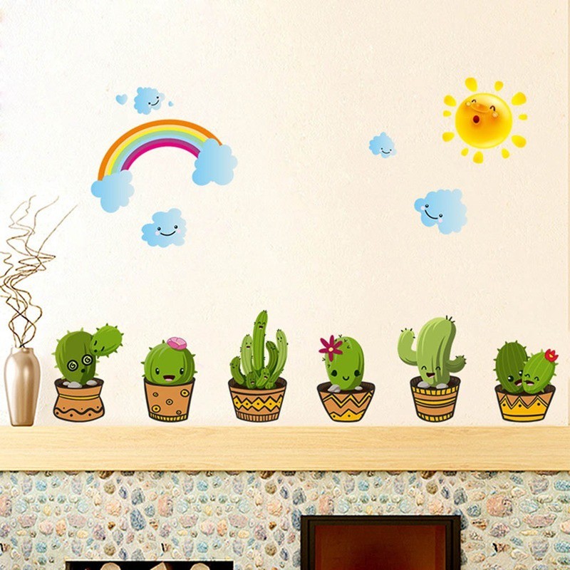 Cute Cactus Potted Plants Wall Stickers Cabinet Doors Glass Windows ...