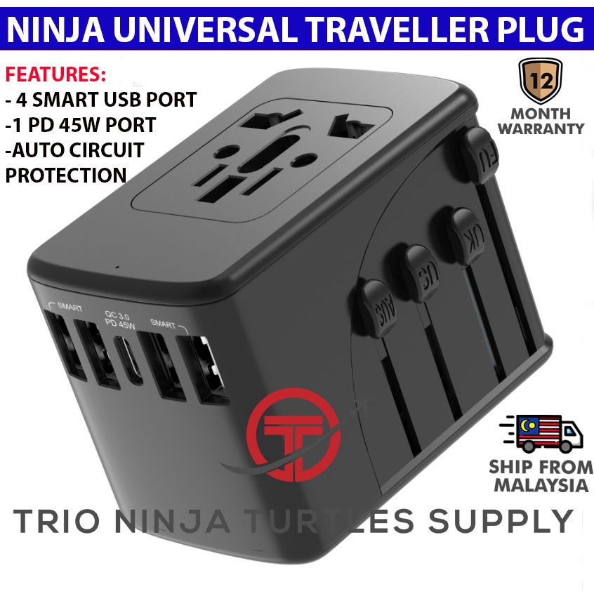 TrioNinja WORLDWIDE UNIVERSAL TRAVELER PLUG ADAPTER 4USB PORT 1 PD TYPE ...