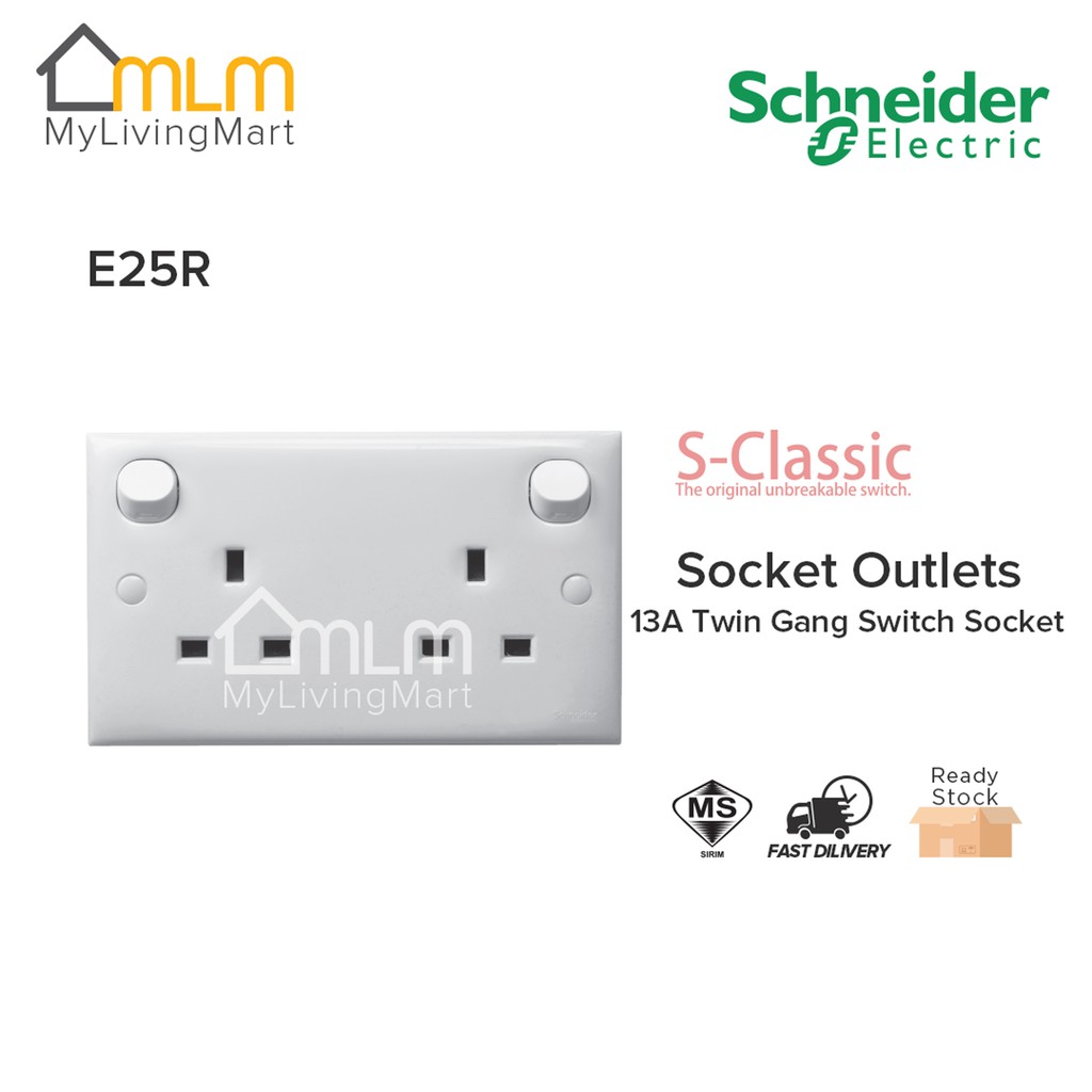Schneider S-Classic Clipsal 13A 2 Gang Switched Socket 3 Pin Socket ...