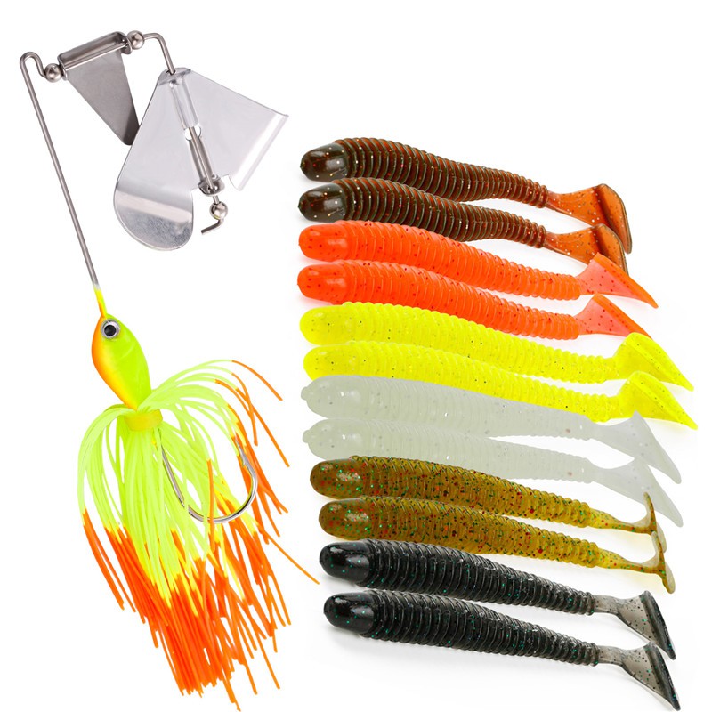 Tail Jig Soft Fishing Bait Lure Worm & 1pc Buzzbait Spinnerbait Jigs ...