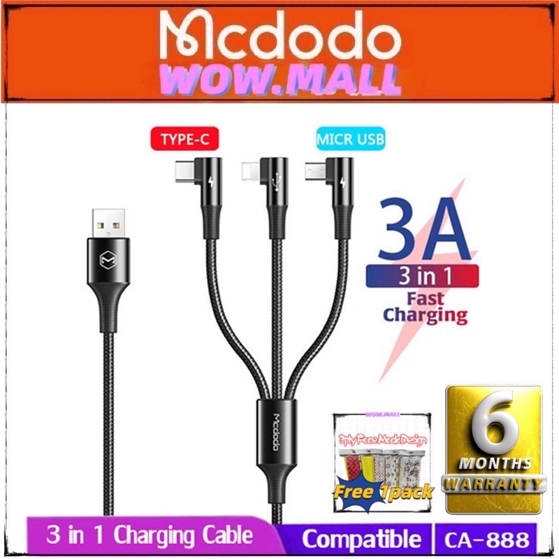 Mcdodo CA-888 3 in 1 3A Fast Charger Compatible for IPhone Micro USB ...