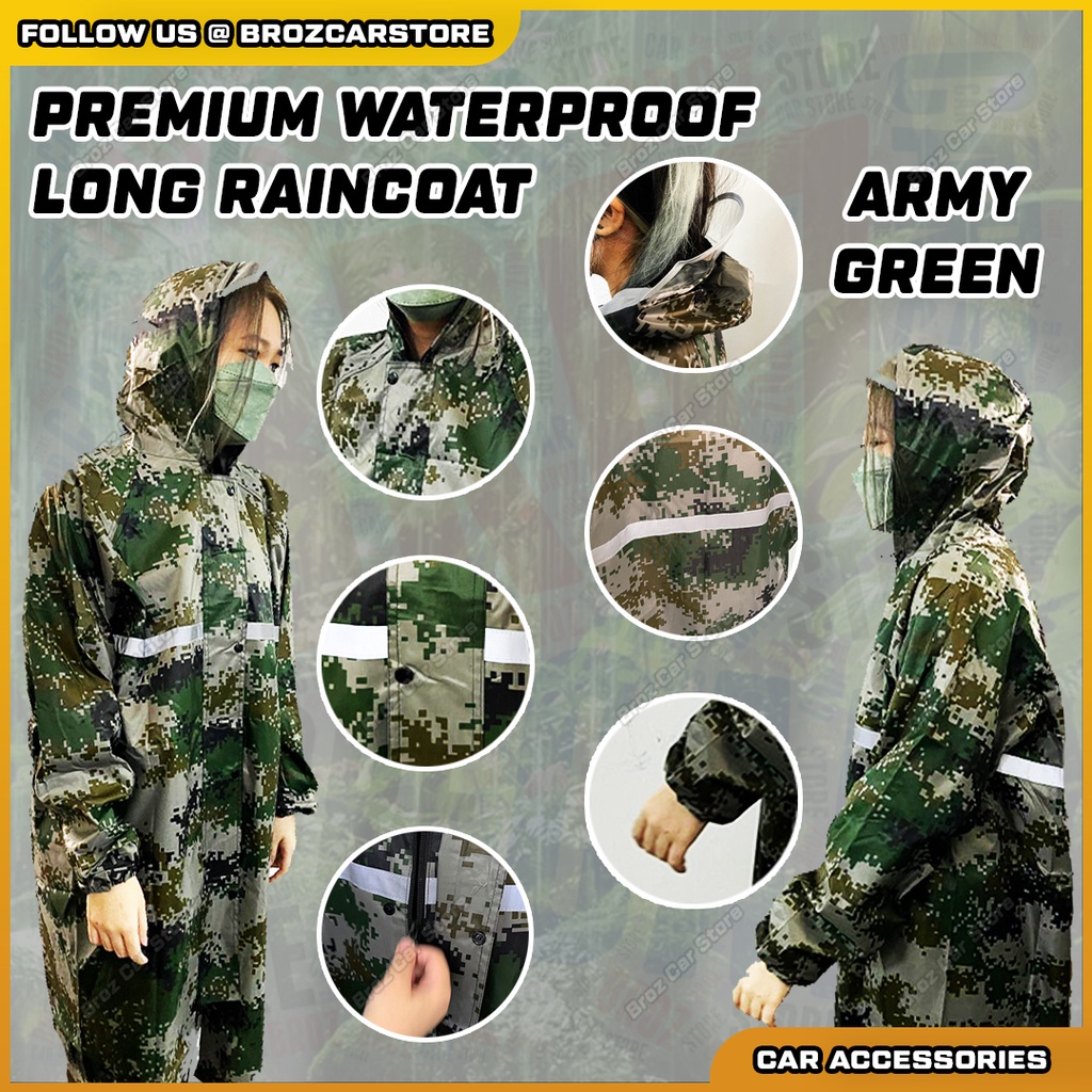 🧥 Premium Long Waterproof Rain Coat Baju Hujan Army Jacket Motorcycle ...
