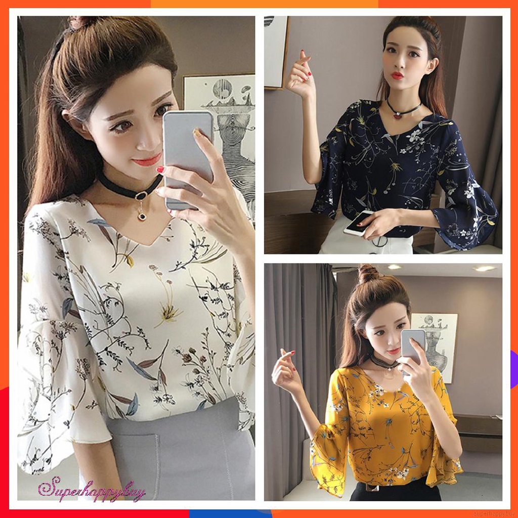 Korean Fashion Women Floral Ruffled Butterfly Sleeve Blouse Tops ...