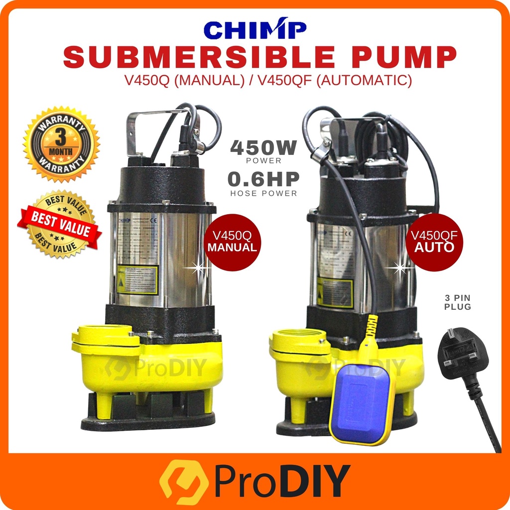 CHIMP V450Q / V450QF Stainless Steel Submersible Water Pump Manual / Auto 450W 0.6HP Garden ...