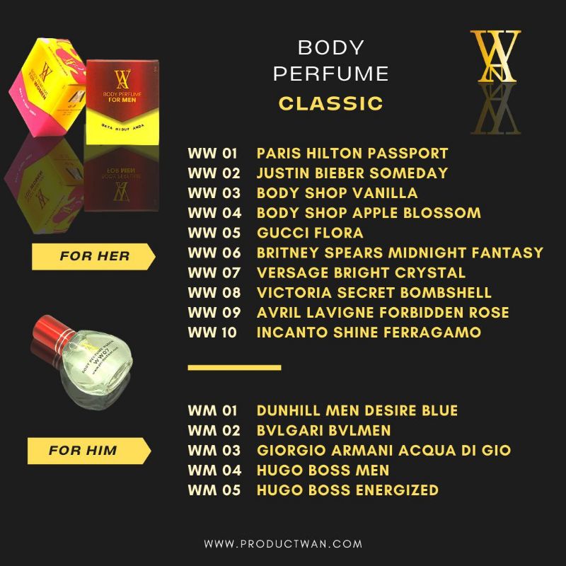 PRODUK WAN PERFUME CLASSIC WOMEN & MEN 5ml roll on dan 13ml spray ...