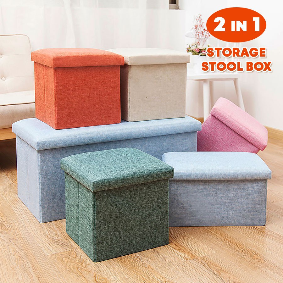 Bedroom Home 2-in-1 Foldable Sofa Stool Cotton Linen Fabric Storage Box ...