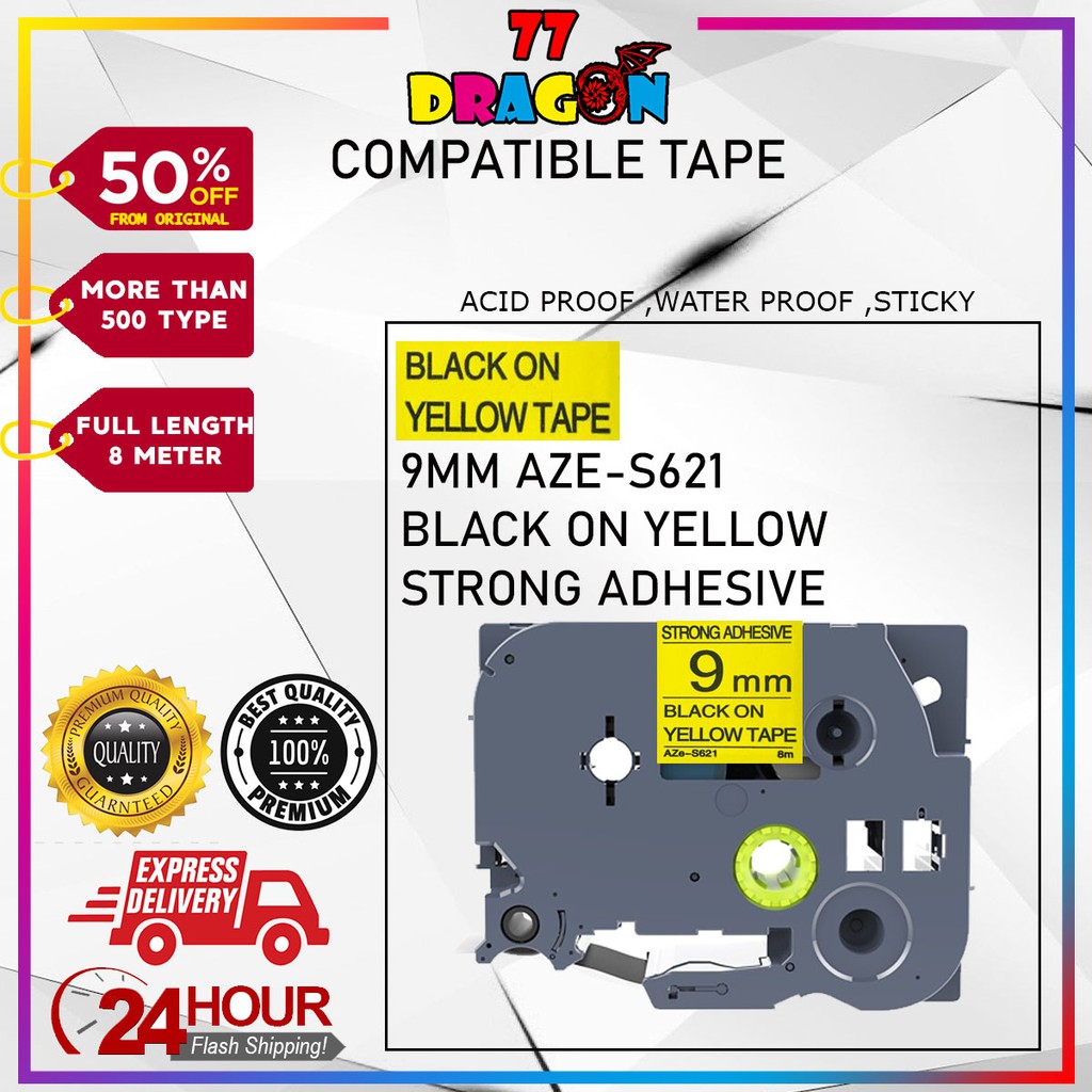 Compatible Aze-S621 TZE AZE 9mm Black on Yellow Tape Label | Shopee ...