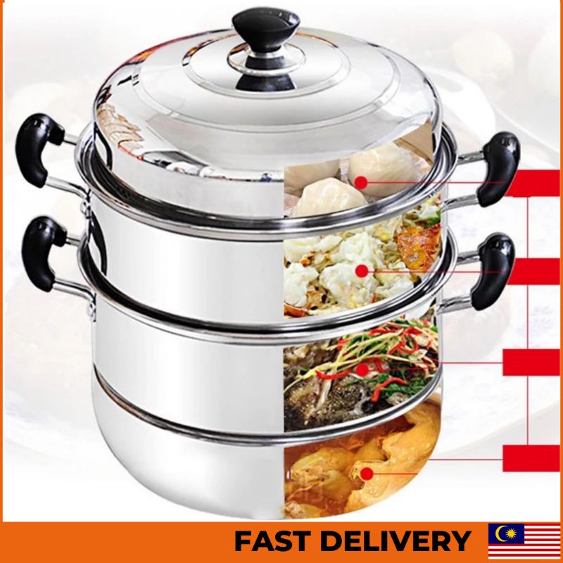 READY STOCK Stainless Steel Food Steamer Cooking Pot 28cm 2 Layer 3 ...