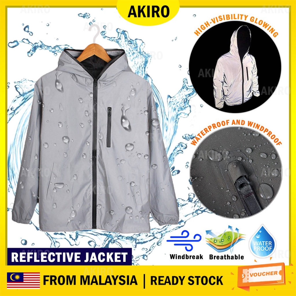 AKIRO Reflective Jacket Waterproof Windbreaker Hooded Pantulan Cahaya ...