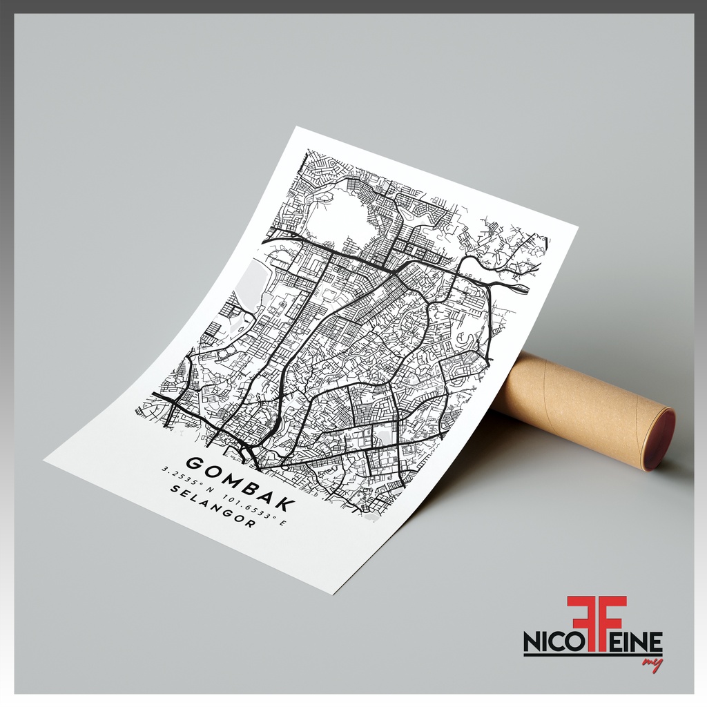 [Poster Only] Gombak Selangor Minimal Map Art Black Grey and White ...