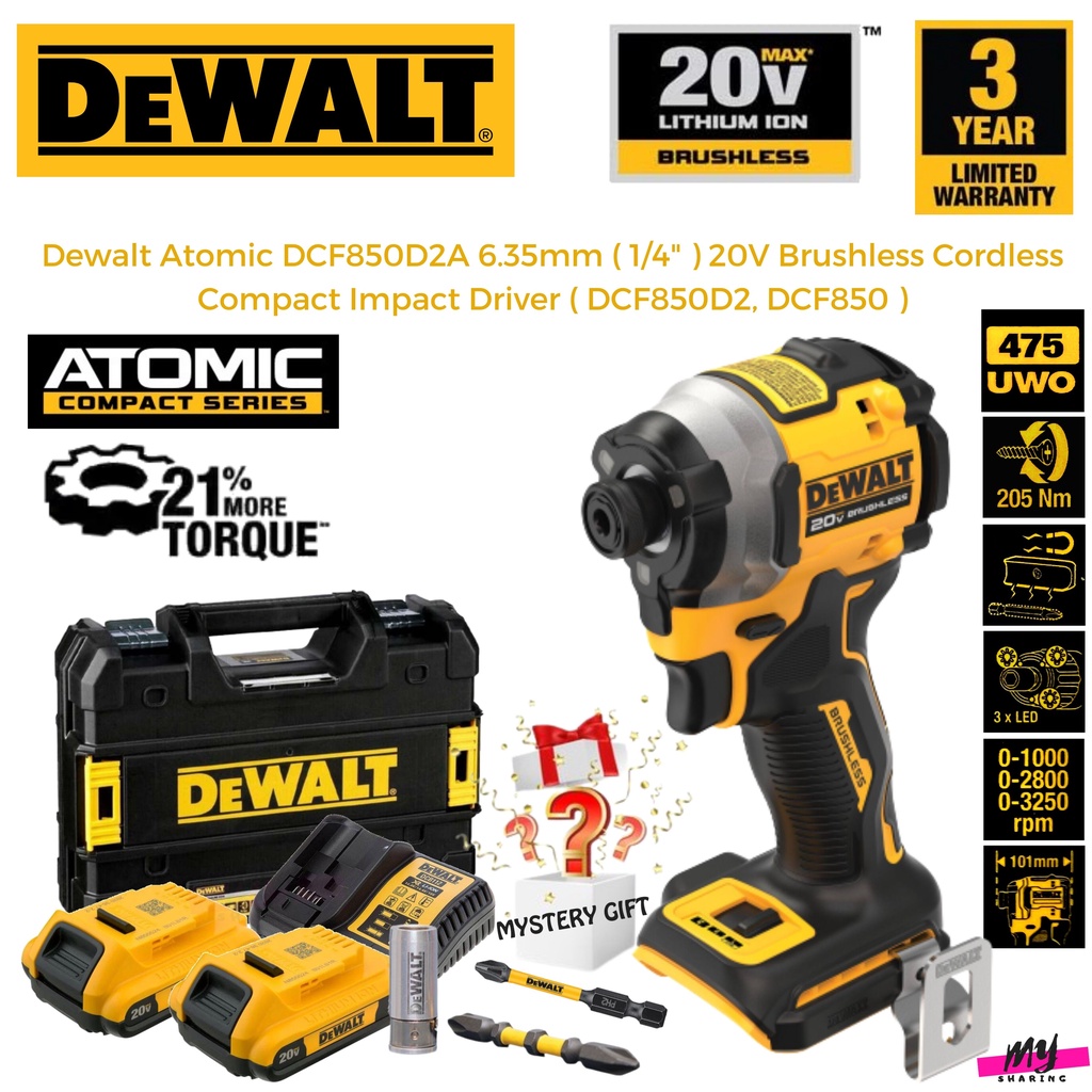 DEWALT Atomic DCF850D2A 6.35mm ( 1/4" ) 20V Brushless Cordless Compact ...